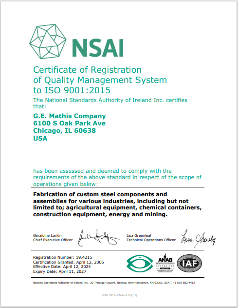 Download our ISO 9001:2015 Certification | G.E. Mathis